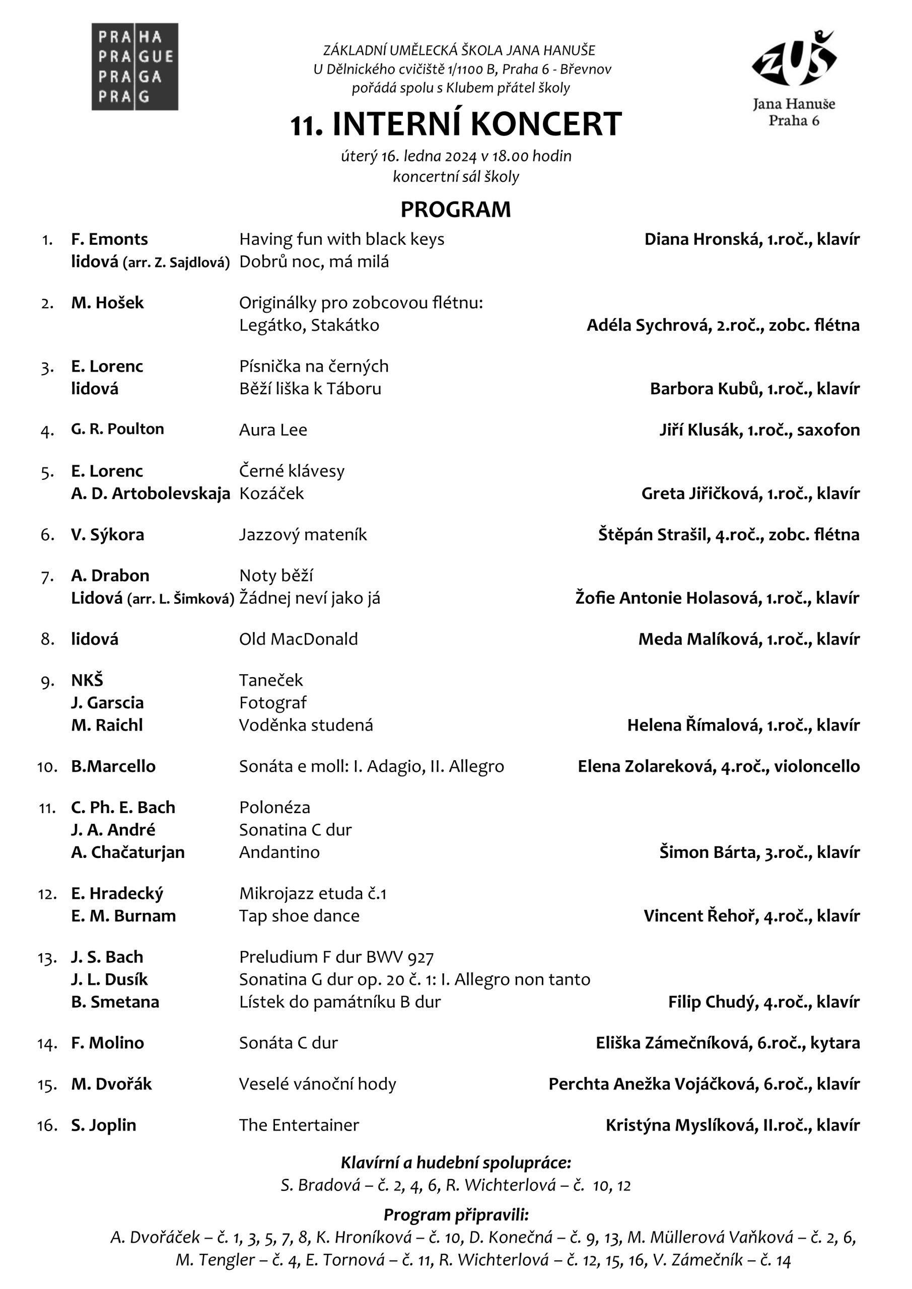11. interní koncert 16. ledna – program